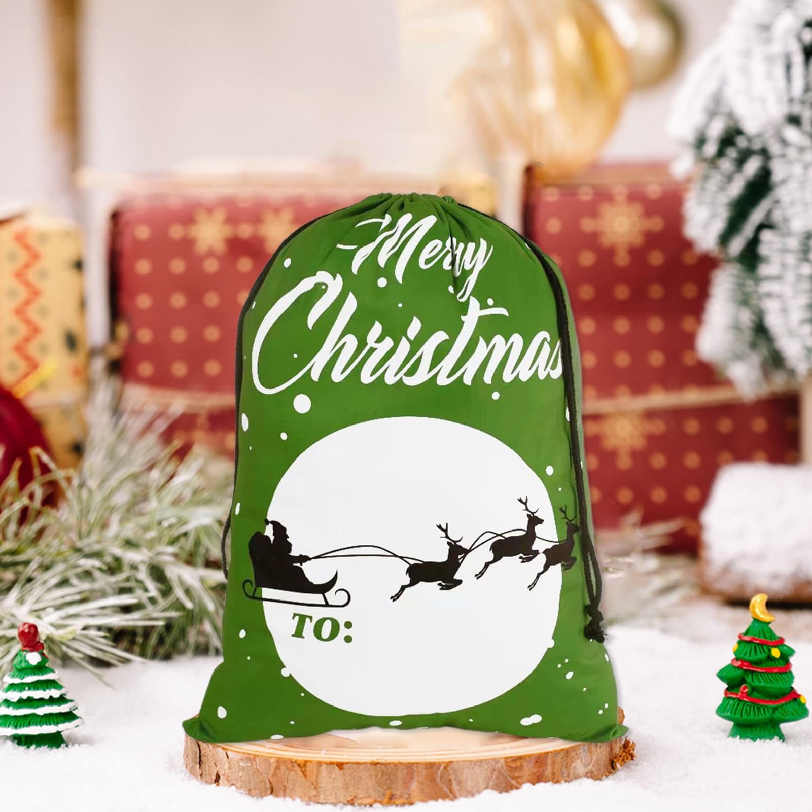 Libcflcc Christmas Party Gift Bag Reusable with Reindeer Sleigh Design Large 70x50cm Size Heavy Duty Washable Cotton Material Festive Drawstring for Holiday Green