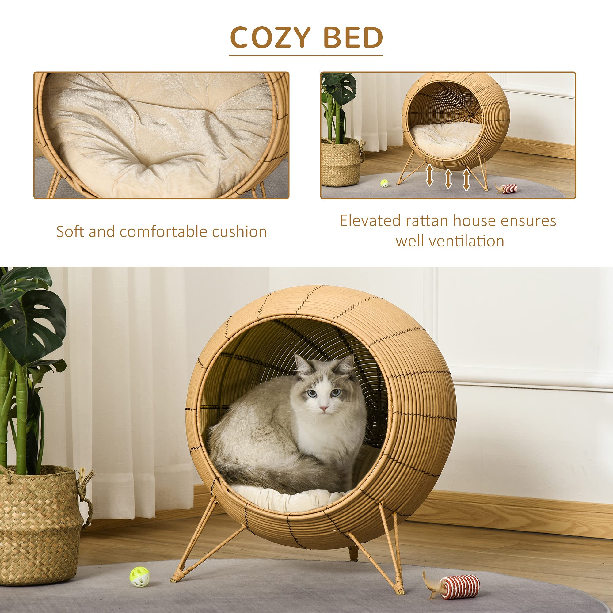 PawHut 20.5" Rattan Cat Bed, Wicker Elevated Round Condo for Comfort and Circulation with Cushion