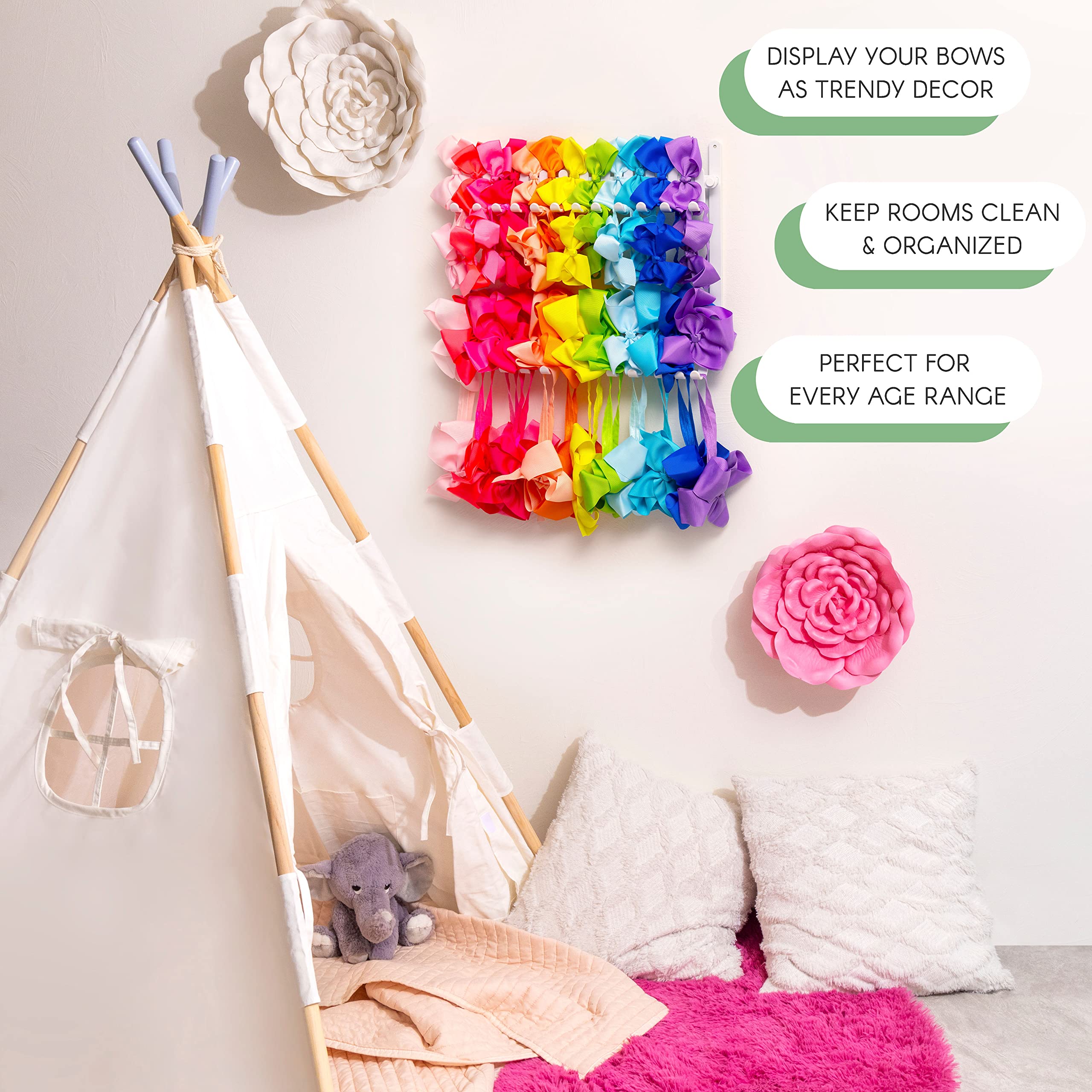 Ollirovey Metal 30 Hook Medium Size Headband Display and Headband Organizer for Girls Hair Bows Holds up to 120 Hair Accessories 4 per Hook - Hooks Adjustable - Wall Mounted