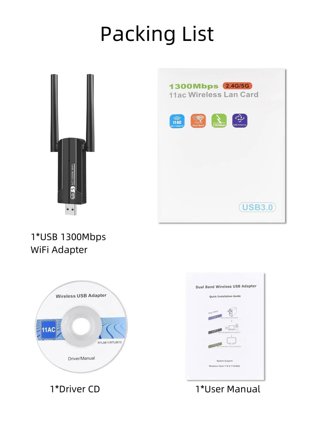 USB WiFi Adapter for PC, 1300Mbps Dual Band 2.4GHz/400Mbps&5.8GHz/867Mbps 5dBi High Gain Dual Antenna 802.11AC USB 3.0 Wireless WiFi Adapter Support WIN7/8/8.1/10/11/XP/Vista/Mac OS 10.9-10.15