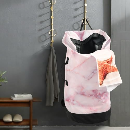 Washable Laundry Bag Backpack Large Dirty Clothes Bag with Adjustable Shoulder Strap Handles, Pink Marble Pattern Extra Laundry Heavy Duty Drawstring Bag for Travel College Grey Camping