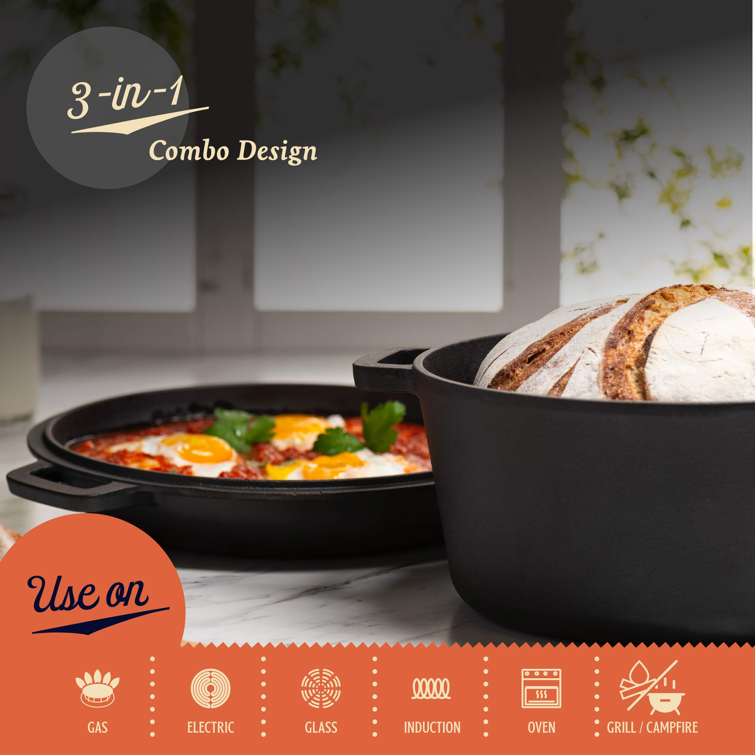 Legend Cookware Cast Iron Dutch Oven | 5QT Multi Cooker Stock Pot For Frying, Cooking, Baking & Broiling on Induction, Electric, Gas & In Oven | Lightly Pre-Seasoned Cookware Gets Better with Use