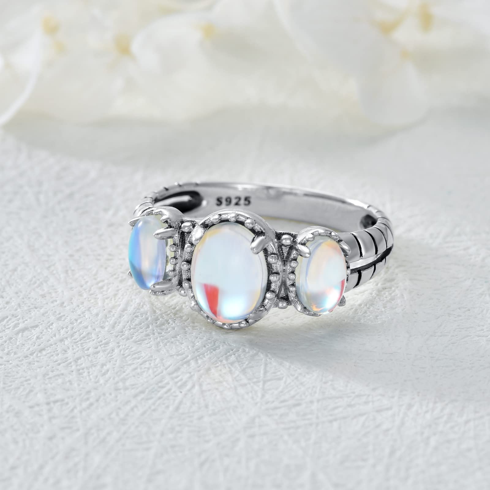 PLATYCO Moonstone Ring 925 Sterling Silver Moonstone 3 Stone Ring Gift for Women (6)