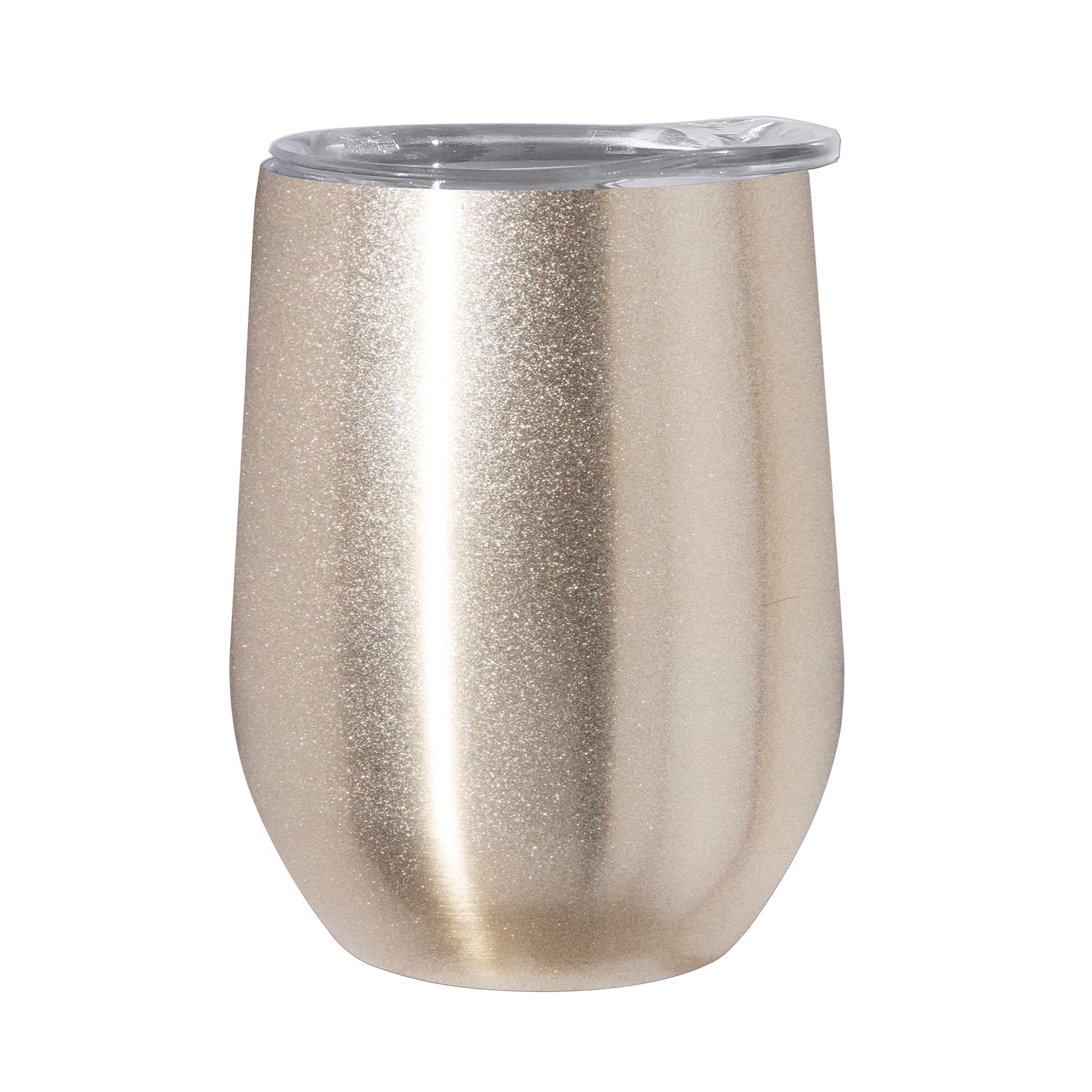Oggi Cheers 'Celebrate Collection' Stainless Steel Insulated Wine Tumbler - Gold Sparkle, 12oz, with clear slider lid.