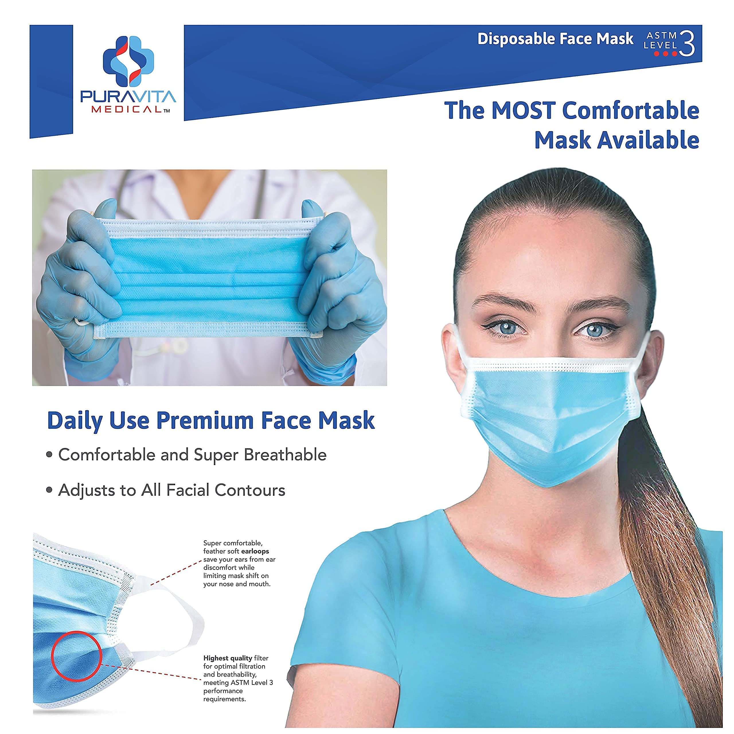 PURAVITA 3 Ply Ultra Soft Earloop Face Mask - High Filter Efficiency ≥ 98% - MADE IN USA - ASTM Level 3 - Box/50