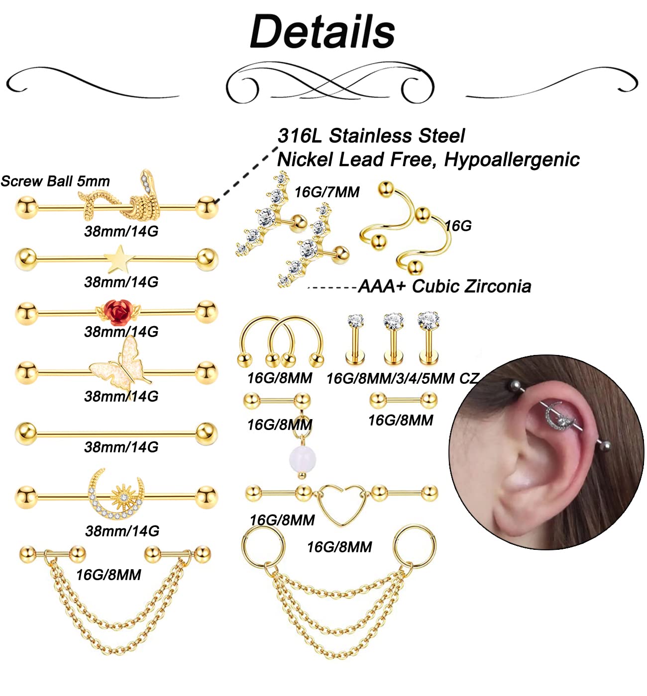 NICEIGHT 20Pcs 316L Stainless Steel Industrial Barbell Earring Cartilage Earring Helix Tragus Studs Conch Daith Piercing Jewelry G