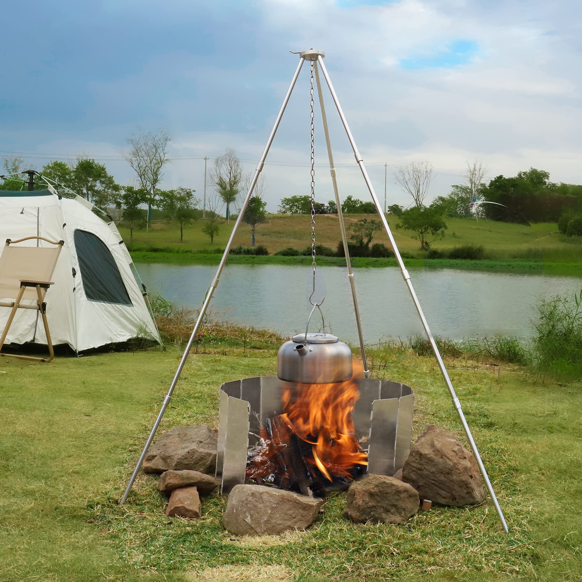 Puraville Portable Tripod Kit,Heavy duty Tripod, Campfire Windshield,Cut-resistant Gloves with Storage Bag for Camping Outdoor
