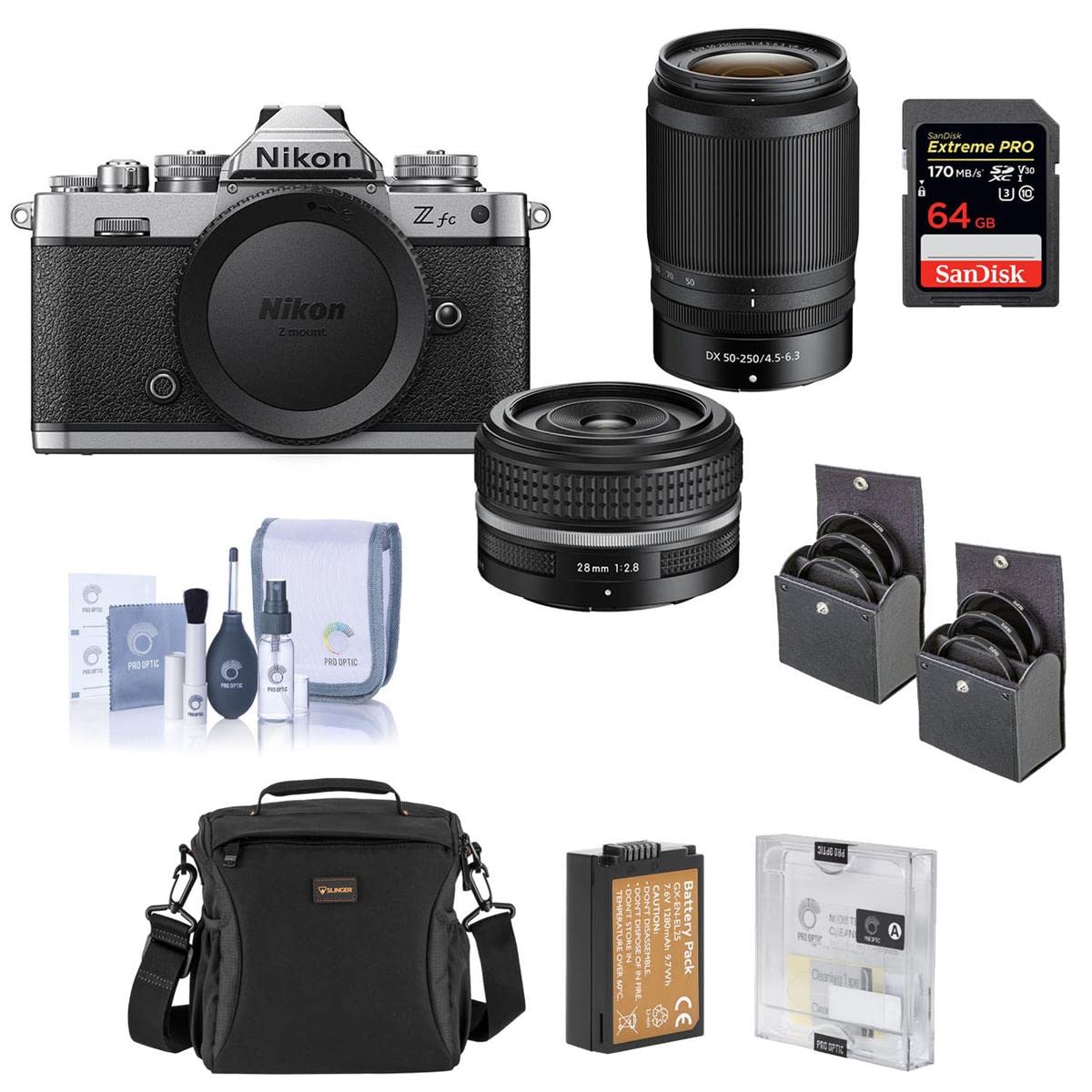 Nikon Z fc DX-Format Mirrorless Camera with NIKKOR Z 28mm f/2.8 (SE) and 50-250mm Lens Bundle with 64GB SD Card, Shoulder Bag, Extra Battery, Filter Kits and Accessories