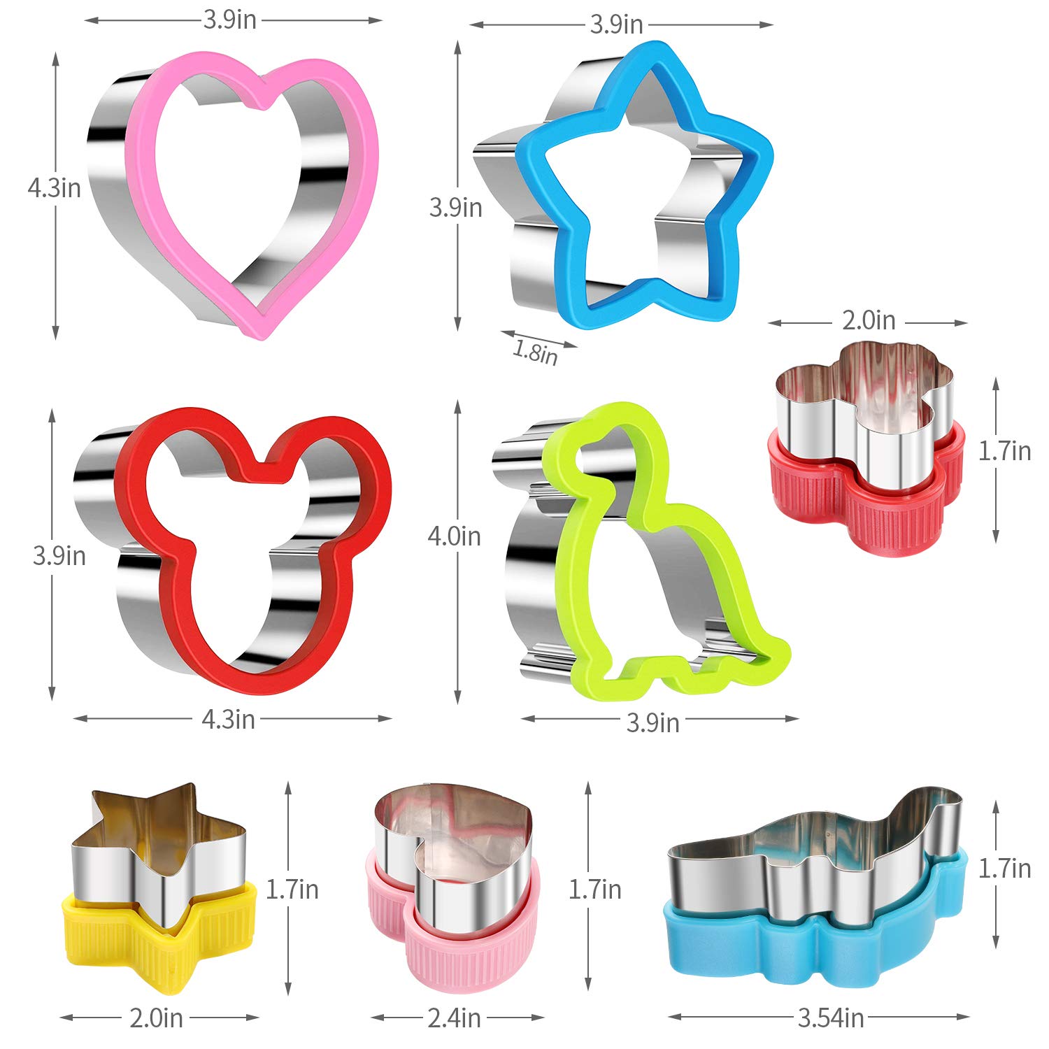 Stainless Steel Sandwiches Cutter set, Dinosaur & Heart & Star Shapes Sandwiches Cutter Cookie Cutter -Food Grade Cookie Cutter Mold for Kids (Big+Medium, 8pack)