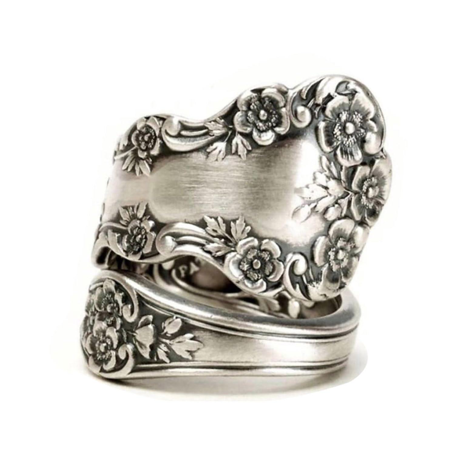 RINHOO Vintage Silver Spoon Rings for Women Victorian Flower Open Adjustable Boho Floral Statement Jewelry, Size 6-10 (US Size 8)