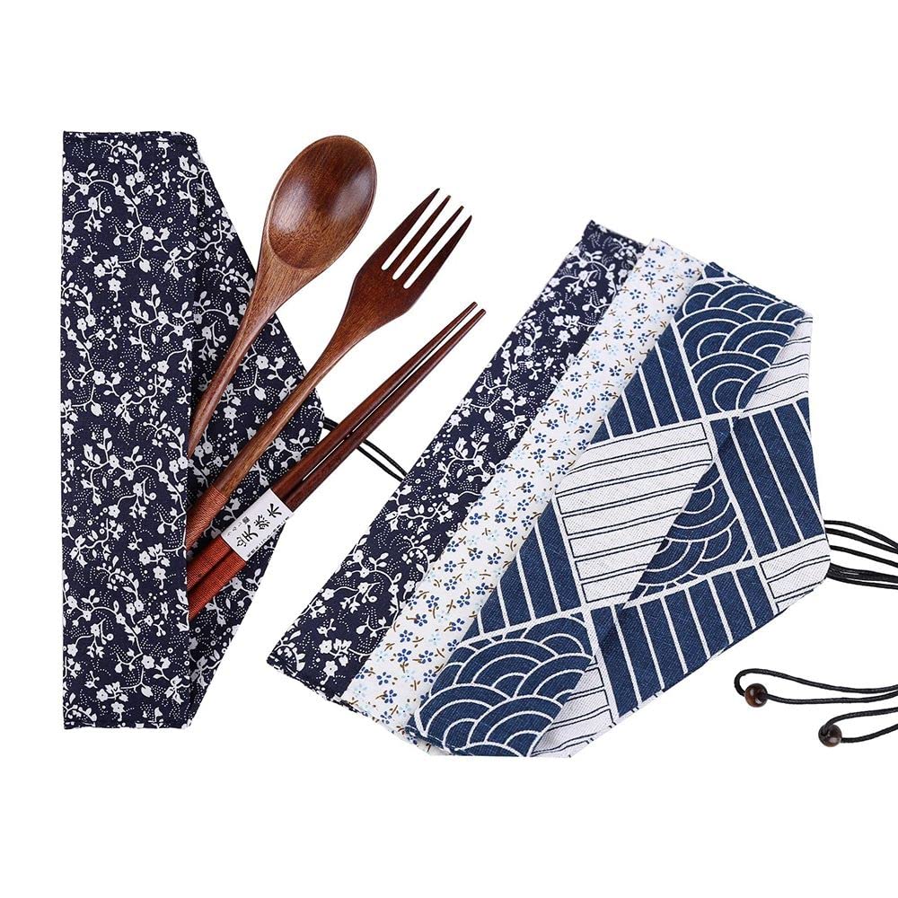 Leadigol Wooden Fork and Spoon Chopsticks Tableware Kitchen Dinnerware Set With Cloth Bag Travel Gift Cooking Tools Portable Flatware Bags