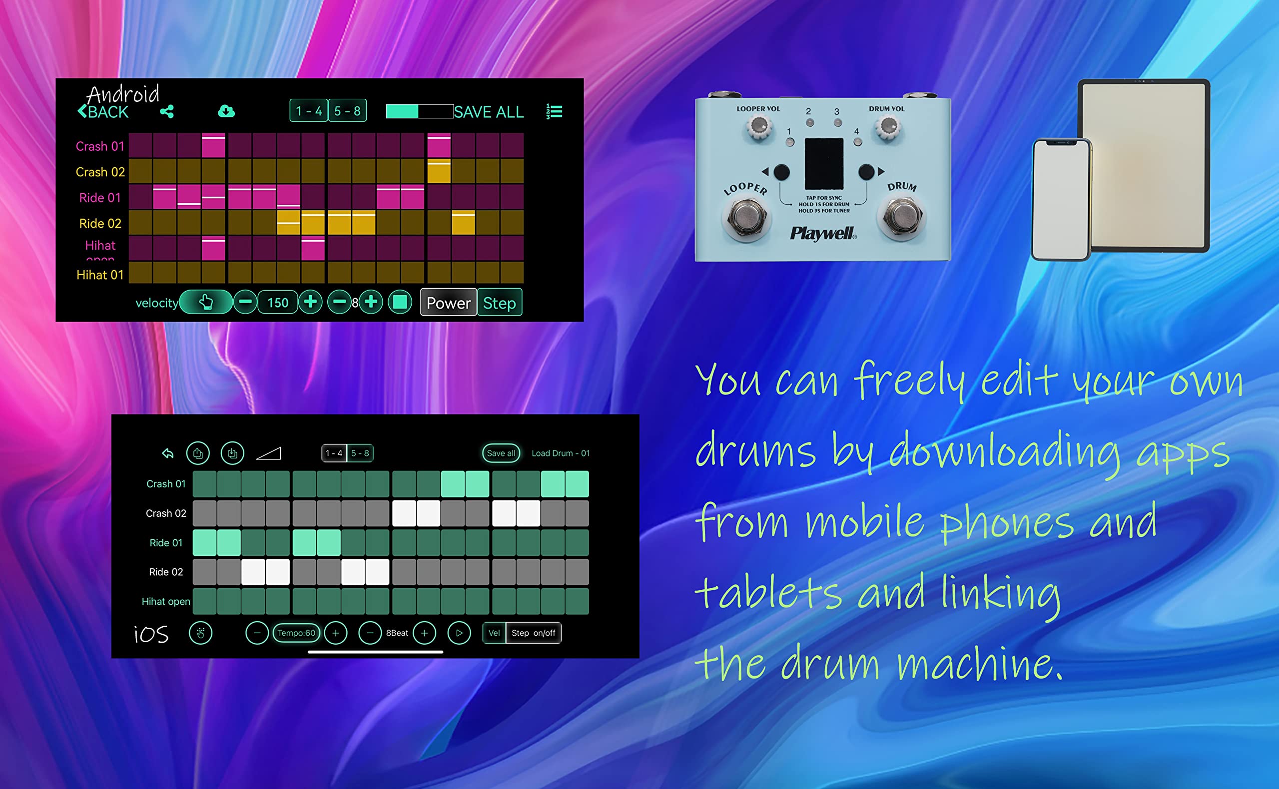 Playwell Drum Machine Looper with Tuner - 11 Minutes Looper 30 Drums - Link app to customize, edit and share drum codes - two kinds of power supply - Headphone Jack,digital display,LED indicator