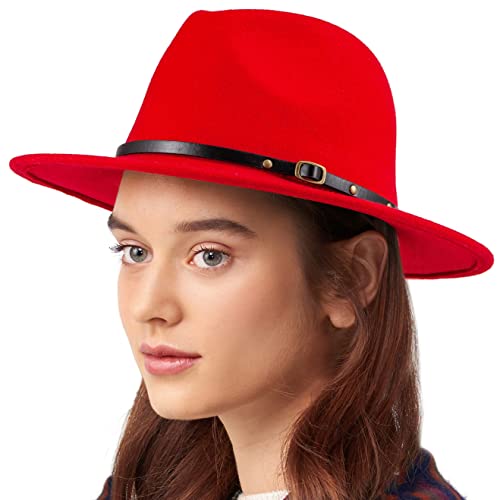 LADYBRO Fedora Hats for Women Wide Brim Hat, Incld 3 Decor Belts, Wool Felt, 58cm Adjustable Women's Fedora (Wool, Red, fit for 22" - 22 7/8")