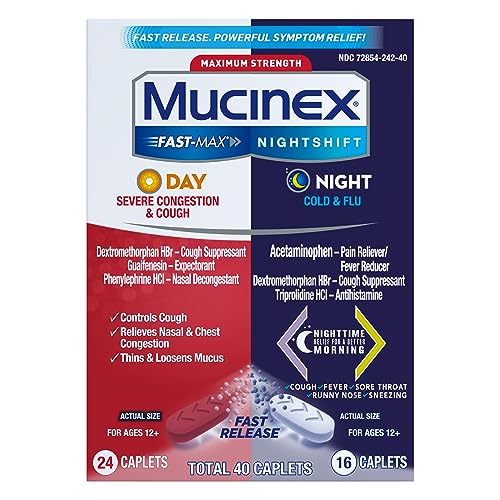 Mucinex Maximum Strength Fast-Max Day Severe Congestion & Cough & Nightshift Night Cold & Flu, Fast Release, Powerful Multi-Symptom Relief, 40 caplets (24 Day time + 16 Night time)