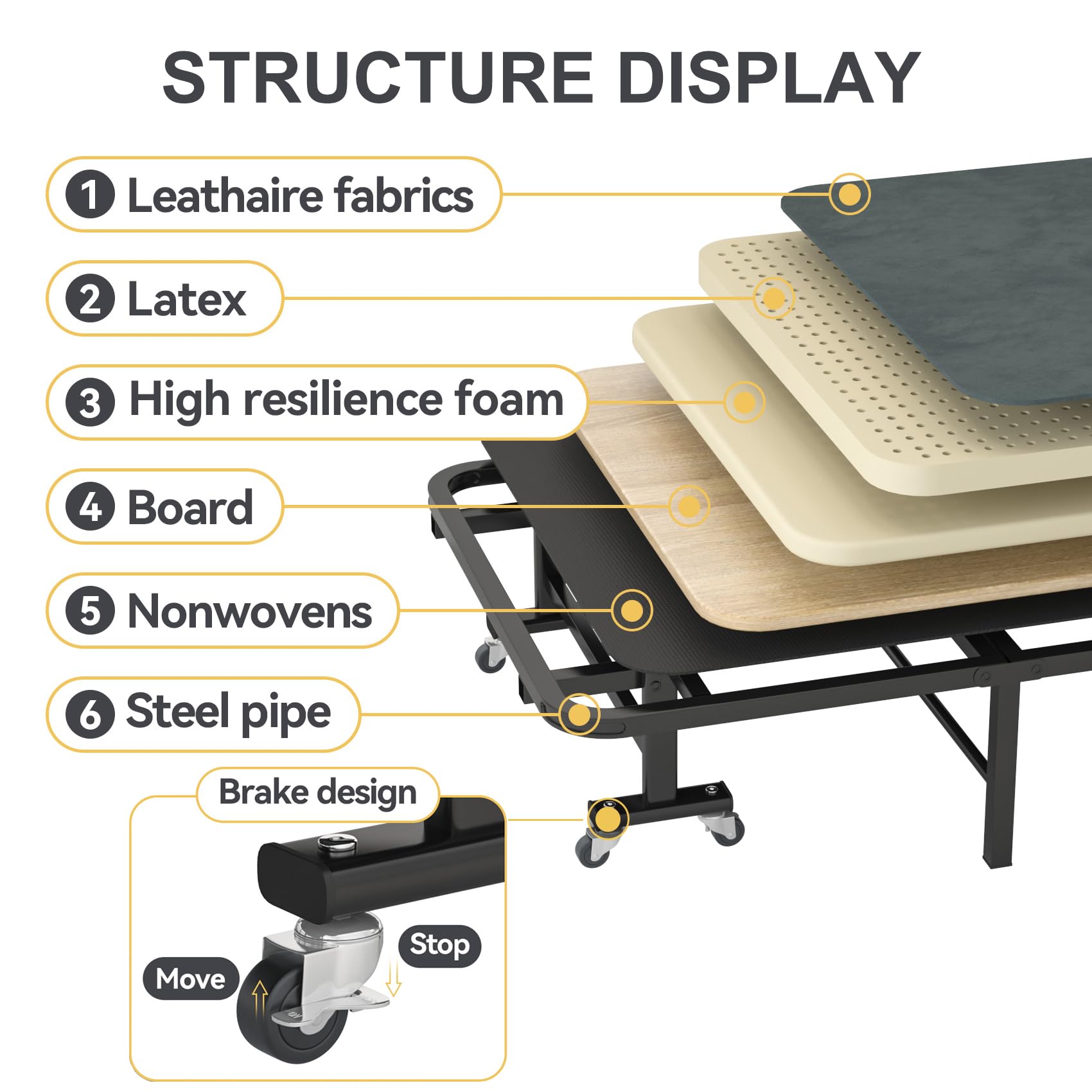 LEAIJIAFY Foldable Bed Sleeping Cot with Casters and 1.57" Latex Mattress,Temporary Bed Guest Rollaway Bed with Adjustable Backrest,Sturdy Metal Bed Frame,for Lunch Break Nap,Black,74.80" *23.62"