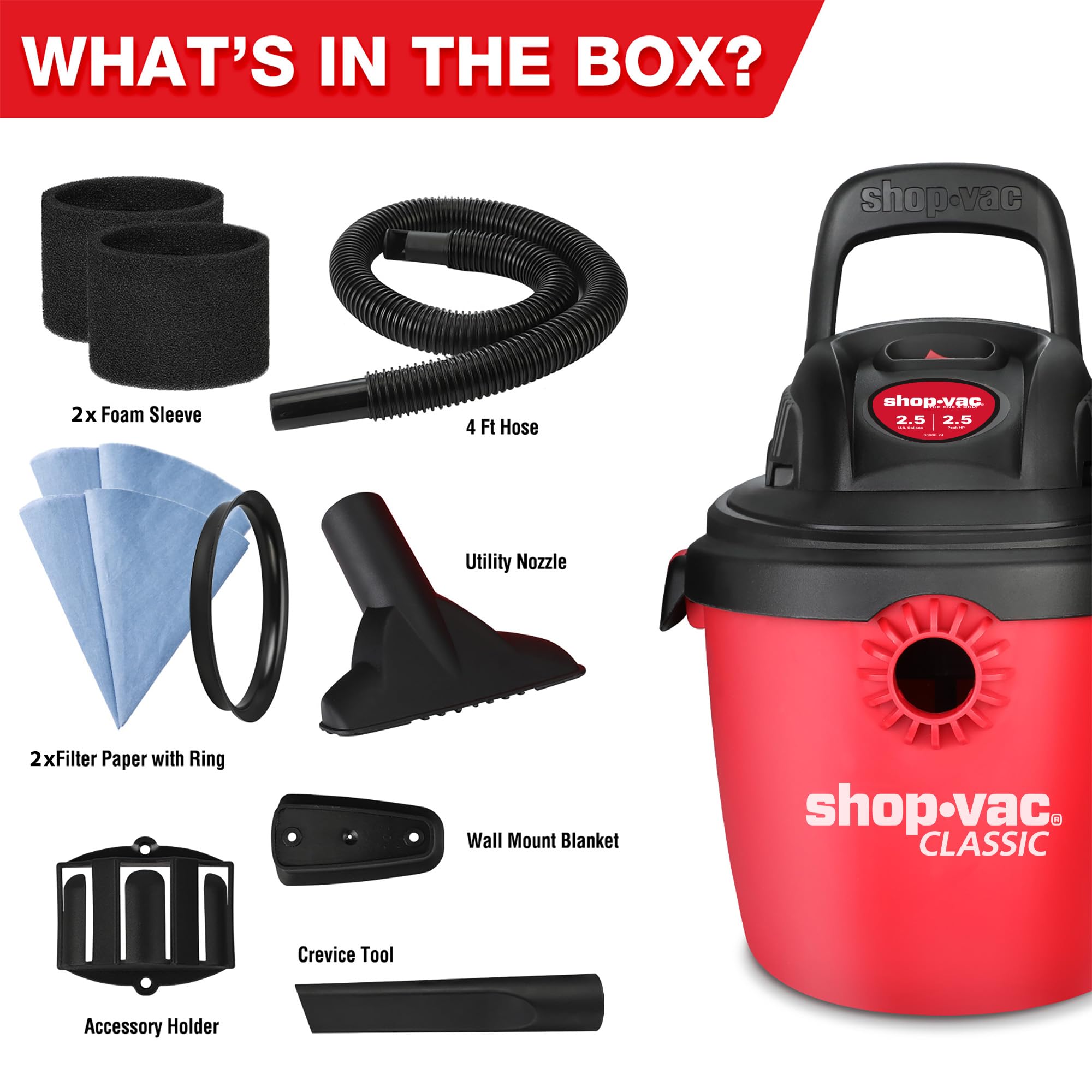 Shop-Vac 2.5 Gallon 2.5 Peak HP Wet/Dry Vacuum, Portable Compact Shop Vacuum with Collapsible Handle Wall Bracket & Multifunctional Attachments for Home, Jobsite. 2036000