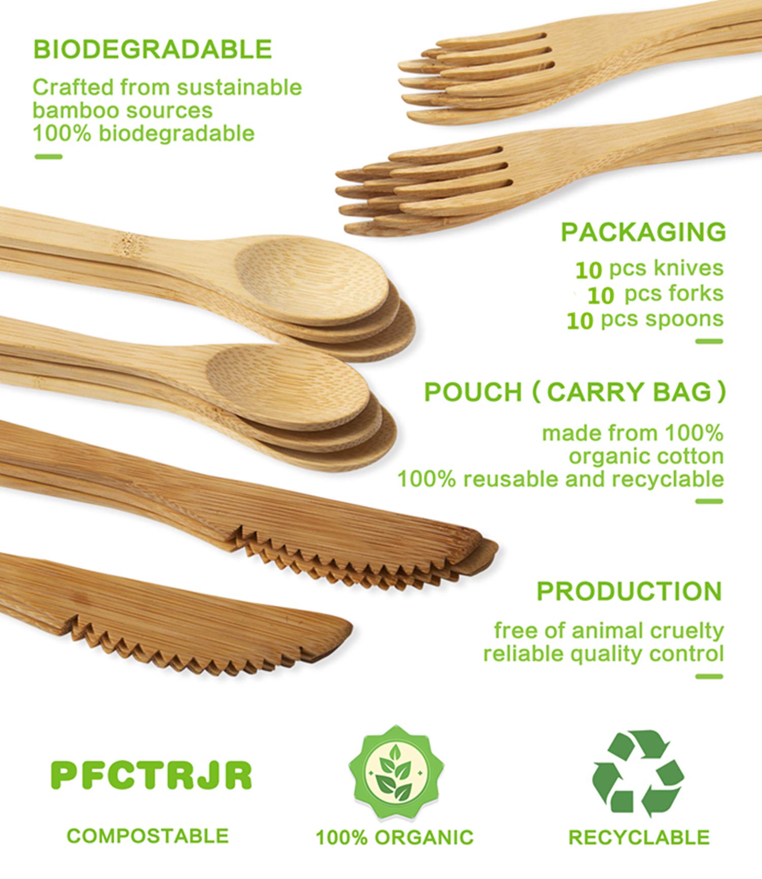 PFCTRJR Bamboo Cutlery Set -30 PCS Reusable Bamboo Utensil Fork Knife Spoon-Bamboo Flatware Sets for Camping, Travel, Picnic, Office, School,Bamboo Silverware Set with Pouch Bag