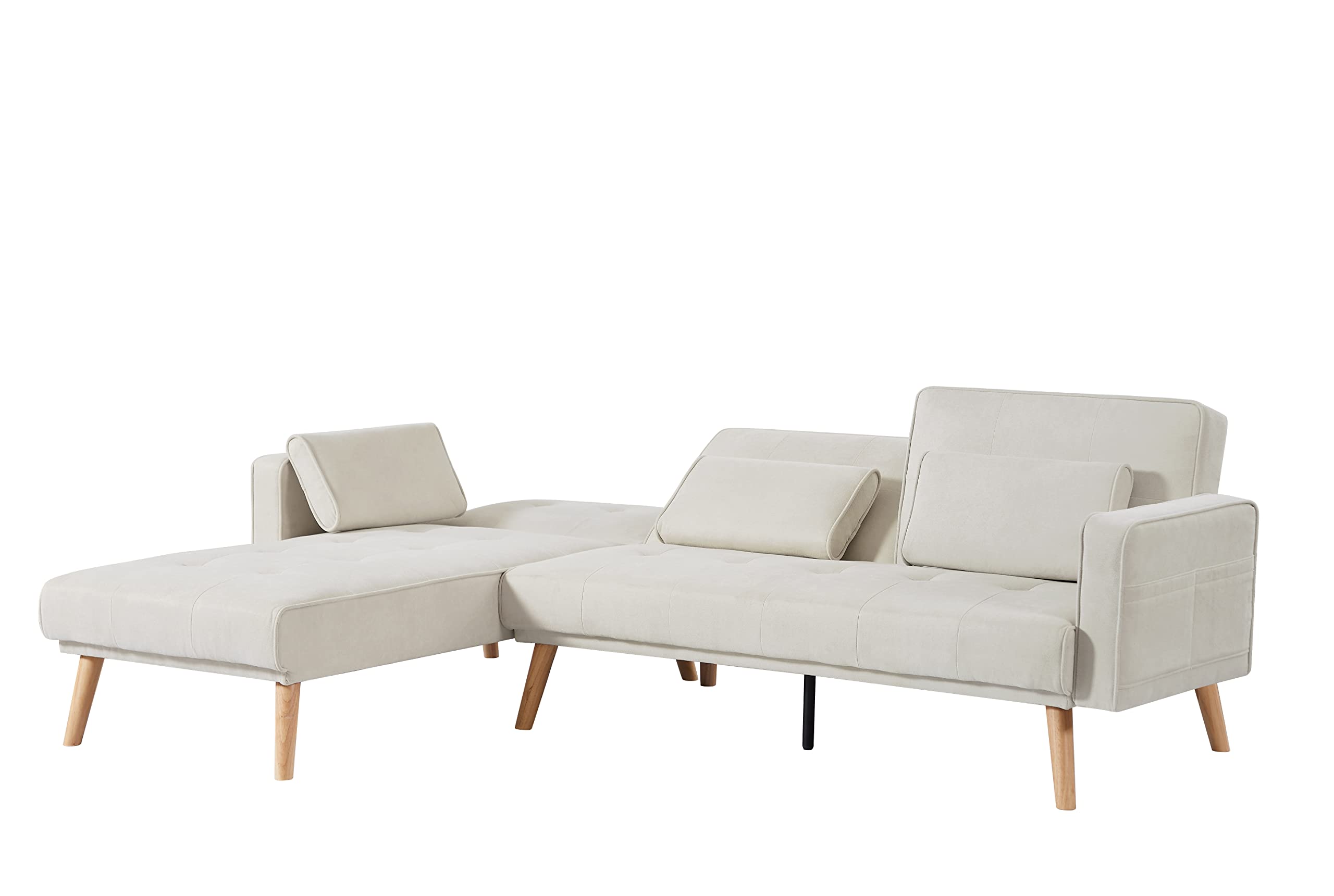 Linen Sectional Sofa Bed with Left Side Lounger, Convertible Sleeper Sofa Bed with Left Hand Facing Chaise, Solid Wood Legs and 3 Pillows, Couch for Living Room, Apartment, Office(light Brown)