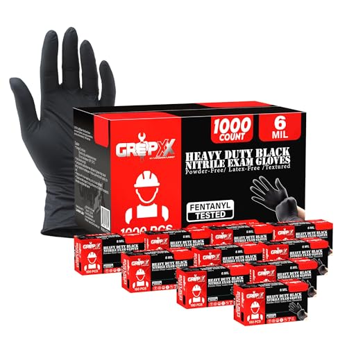 London Labs Heavy Duty Black Nitrile Exam Gloves 6Mil Disposable Industrial Powder & Latex Free (1000, Large)
