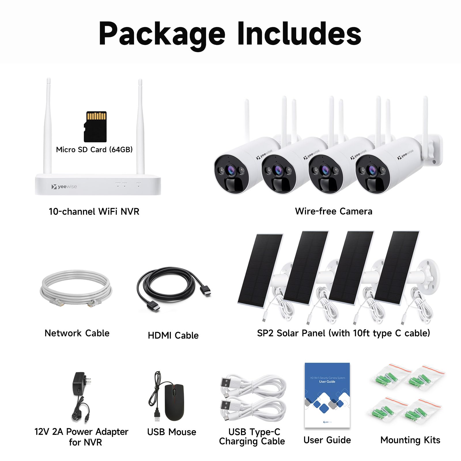 yeewise Solar Security Cameras Wireless Outdoor, 2K 4MP Home Security System, 4 Cameras Kit with Color Night Vision, Forever Power, Spotlight Camera, 10CH NVR with 64G Local Storage, No Monthly Fee