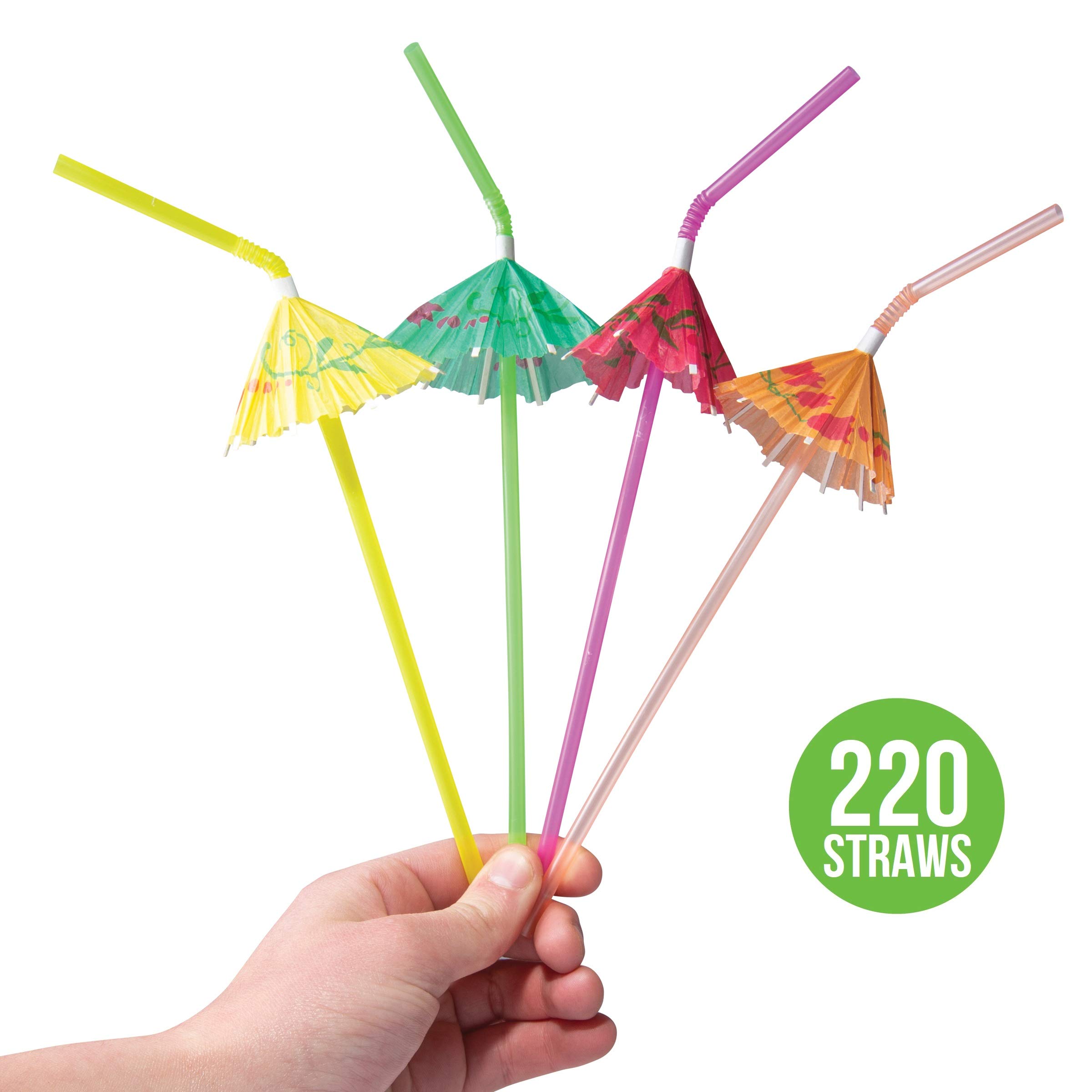 Prextex Umbrella Drinking Straws 200pcs - Flexible Straw, Bendable/Bendy Straws, Colored Long Plastic Straws, Disposable Plastic Straws, Colored Straws, Cocktail Straws, Umbrella Straws, Tumbler Straw