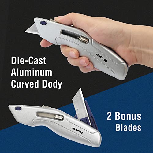WORKPRO Retractable Utility Knife and Self-retracting Safety Box Cutter 2-in-1 with 2 Extra Blades Included