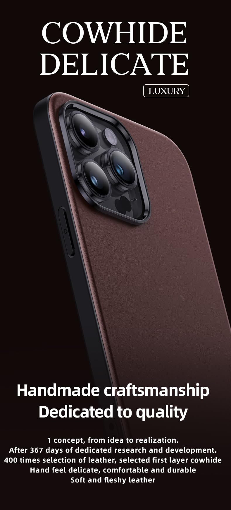 Leather ShockGuard Pro iPhone 15 Case with a Free Screen Protector (Black, iPhone 15 Pro)