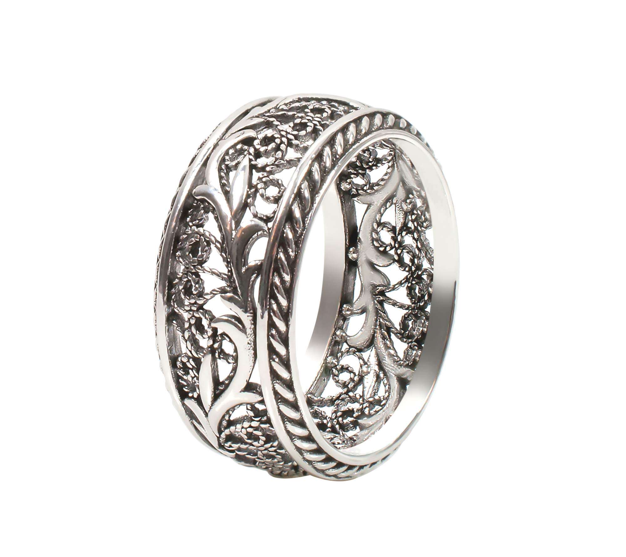 Ottoman Silver Collection 925 Sterling Silver Gold Accented Oxidized Eternal Paisley Figured White Statement Unisex Band Ring for You and Your Precious (Size 5-12) (oxidized-Silver, 11)