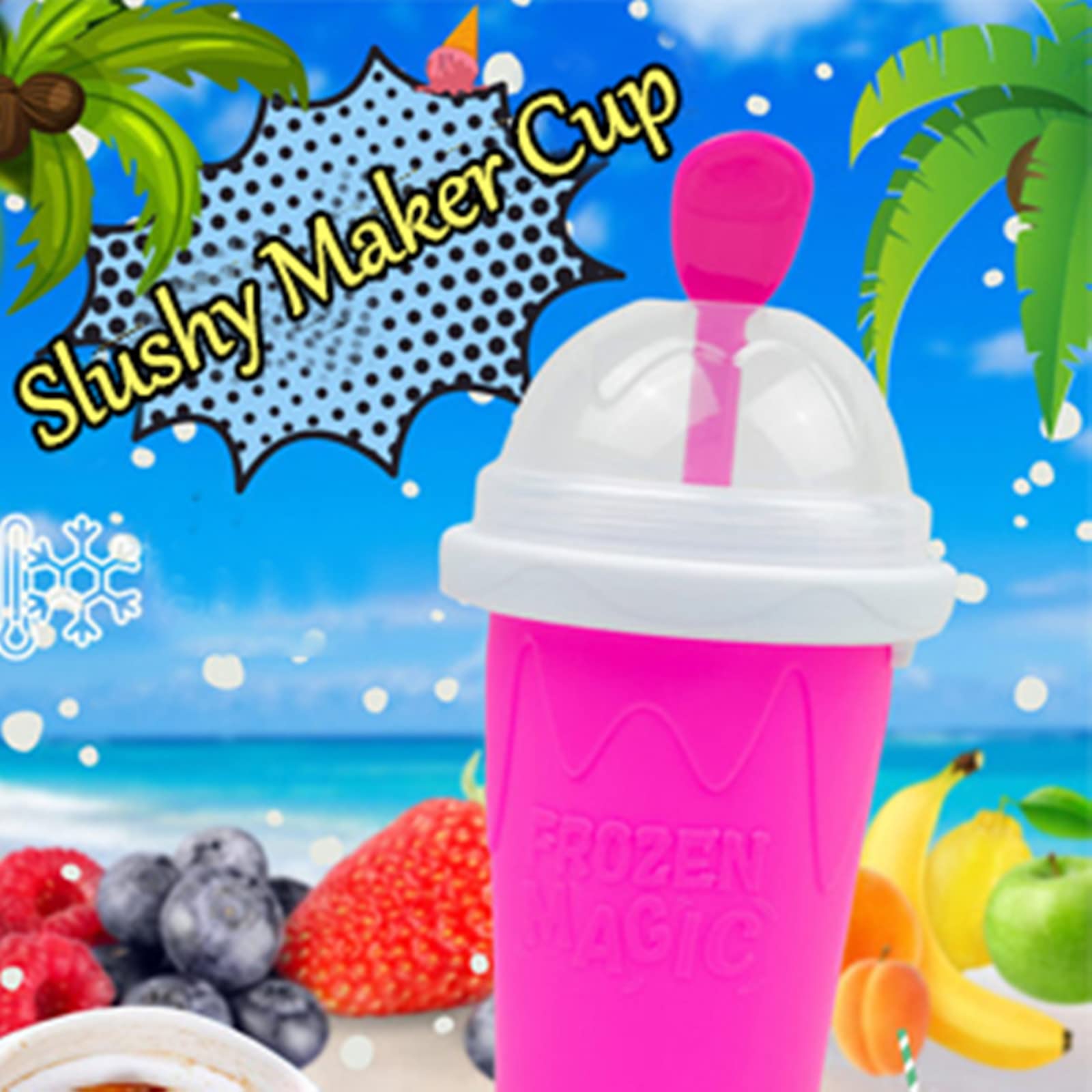 Slushy Maker Cup,Slushy Maker Squeeze Cup,Quick Frozen Smoothies Cups Frozen Magic Cup,Summer Juice Ice Cream Cup,DIY Homemade Smoothie Cups,Reusable Silicon Ice Cup with Straw Spoon 2PCS Blue+Red