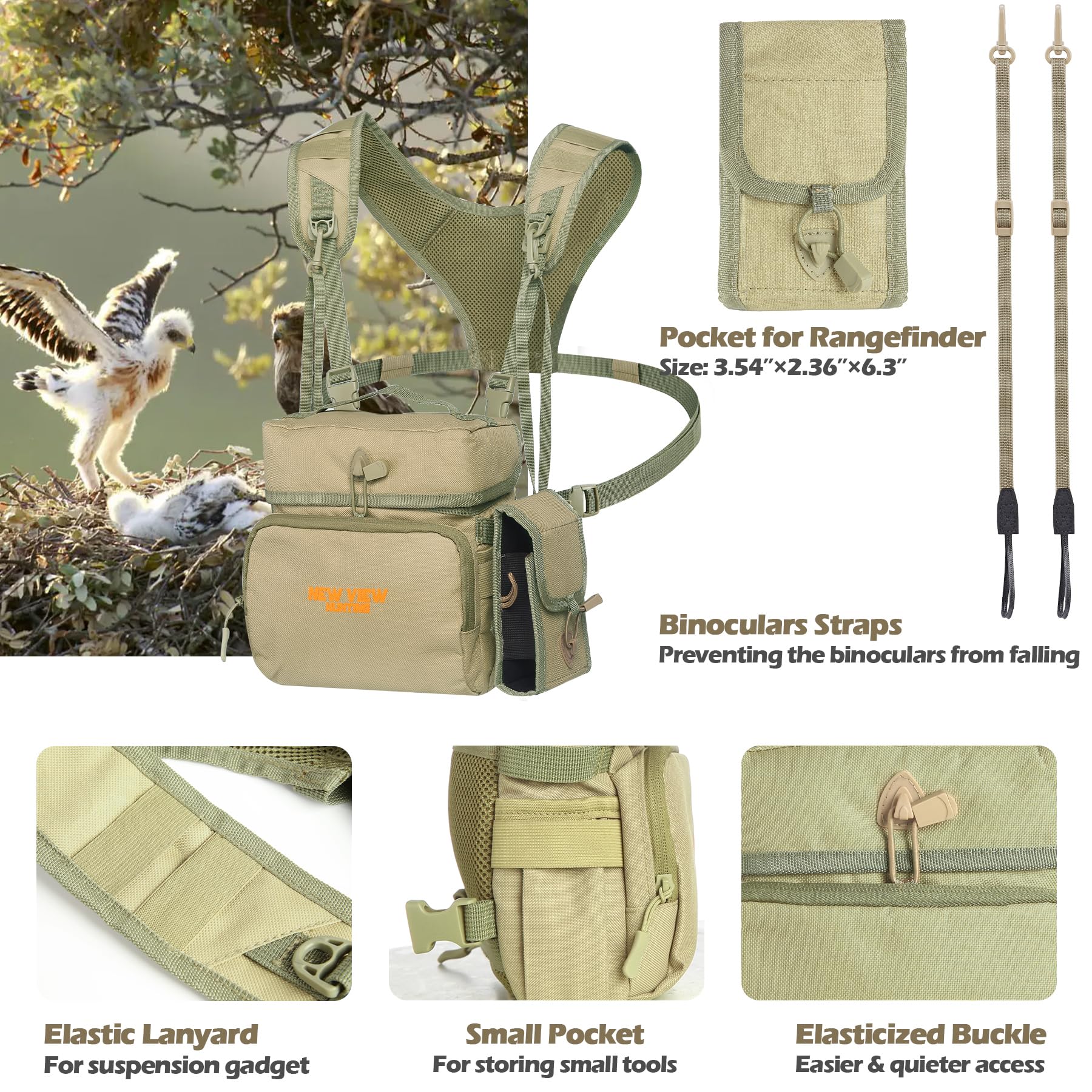 NEW VIEW Binocular Harness Chest Pack with Detachable Rangefinder Pouch, Adjustable Bino Harness & Rain Cover - Ideal for Bird Watching, Hunting, Hiking-Camo M