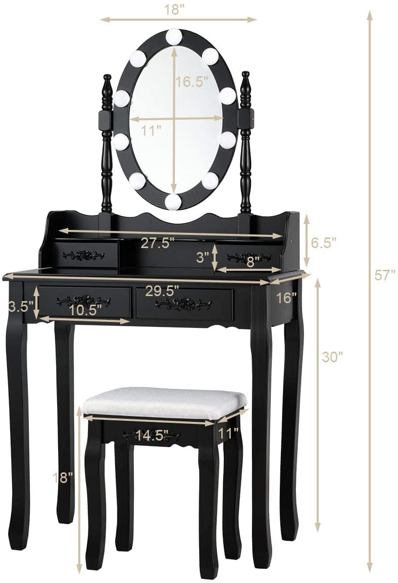 LDAILY Vanity Table Set w/Lighted Mirror, Makeup Vanity Table with 10 LED Lights, 4 Drawers & Oval Mirror, Bedroom Dressing White Black Dark Brown BC-HW66050US Vanity Table Set with Lighted Mirror
