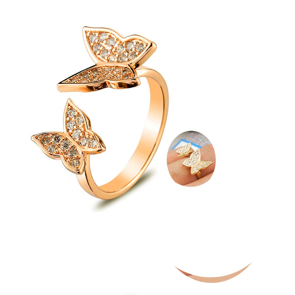 METTU Double Butterfly Finger Rings Open Adjustable Cubic Zirconia Ring for Women (Gold)