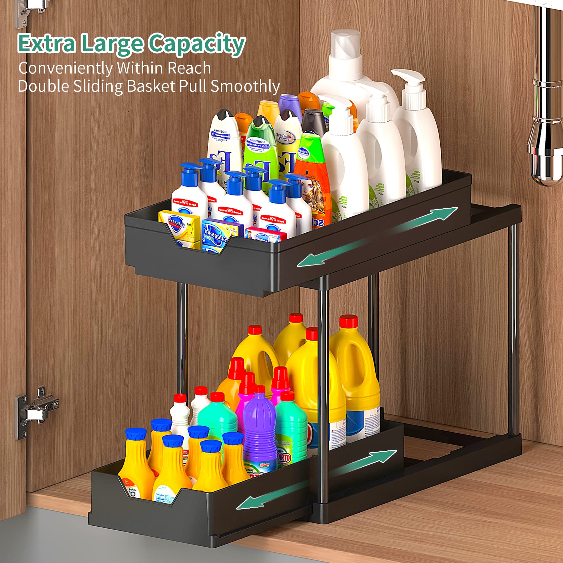 Omloon Under Sink Organizers and Storage,2 Tier Sliding Basket Bathroom Organizer, Under Cabinet Storage Rack with Hooks, Hanging Cup Multi-purpose Drawer Shelf for Bathroom Kitchen Countertop, Black