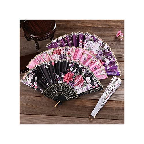 PBLCYUT Style Hand Held Folding Dance Fan Wedding Party Lace Silk Folding Hand Held Flower Fan Summer Wedding Fan Party (Color : Purple)