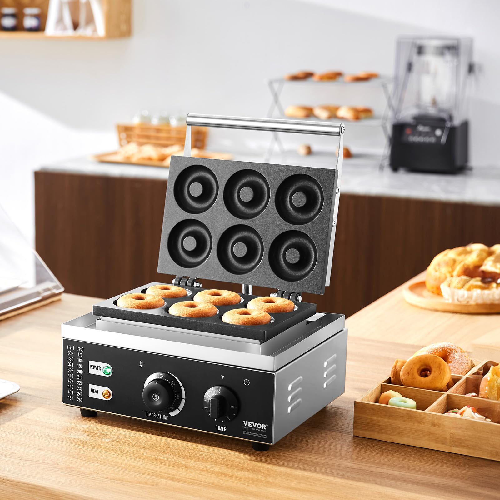 VEVOR Electric Donut Maker, 1550W Commercial Doughnut Machine with Non-stick Surface, 6 Holes Double-Sided Heating Waffle Machine Makes 6 Doughnuts, Temperature 122-572β, for Restaurant and Home Use