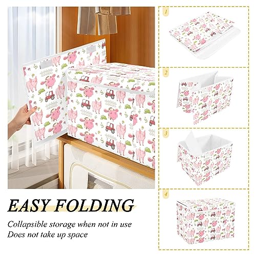 Krafig Foldable Storage Box Large Cube Organizer Bins Cute Farm Cow Pig Containers Baskets with Lids Handles for Closet Organization, Shelves, Clothes, Toys