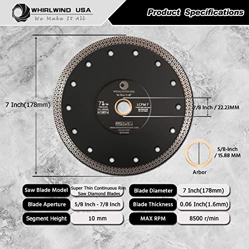 Whirlwind USA LCPM 7",Super Thin Premium Continuous Rim Tile Saw Diamond Blades,for Cutting Porcelain Tiles Granite Marble Ceramics (7 inch)