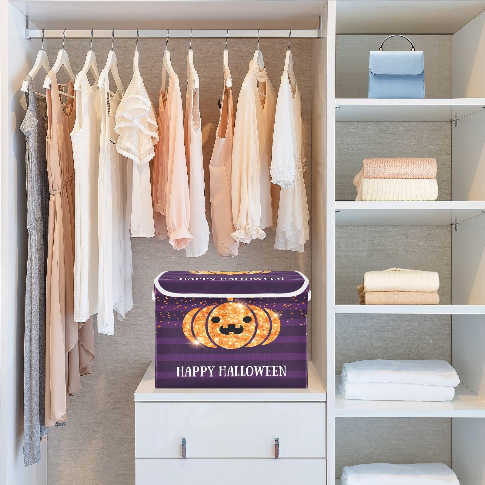 Krafig Halloween Pumpkin Decorative Storage Box with Lid Large Bins Baskets Foldable Cube Organizer Collapsible Containers for Organizing, Toy, Home, Shelf, Closet