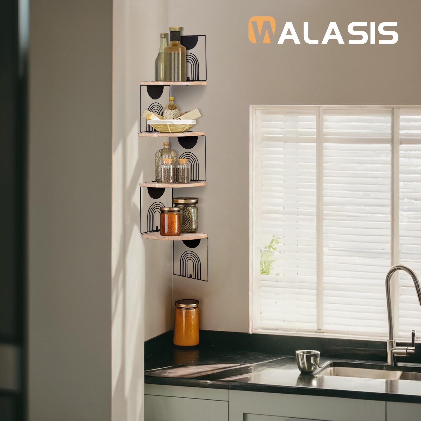 Walasis Corner Shelf Wall Mounted - 4 Tier Shelves Wall Decor for Bedroom Essentials Wood Hanging Shelves for Home Decorations