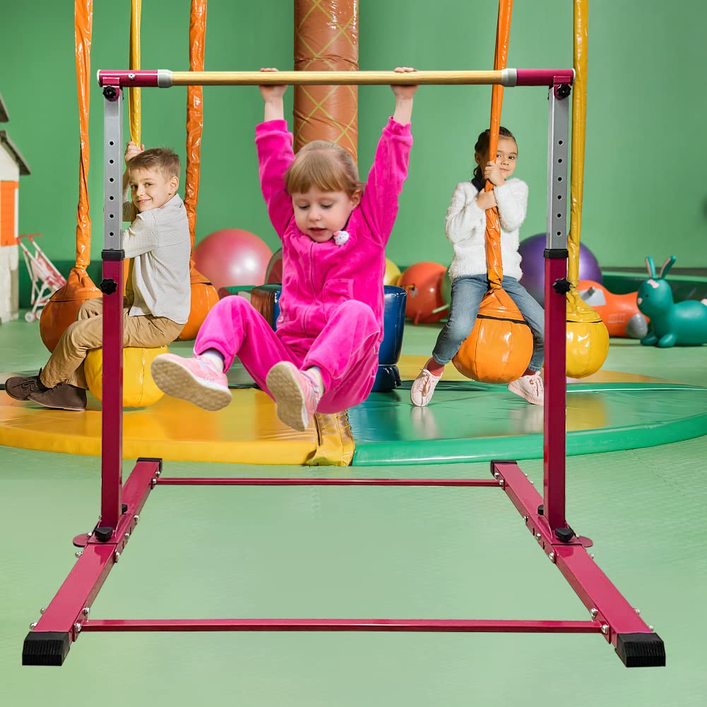 Peakpath Foldable&Moveable Gymnastics Kip Bar, Updated Expandable Home Gym Equipment for Kids Junior,Strong Fiberglass Rail, Adjustable Height 3'-5' Gymnastics Bar,300lbs Weight Limit