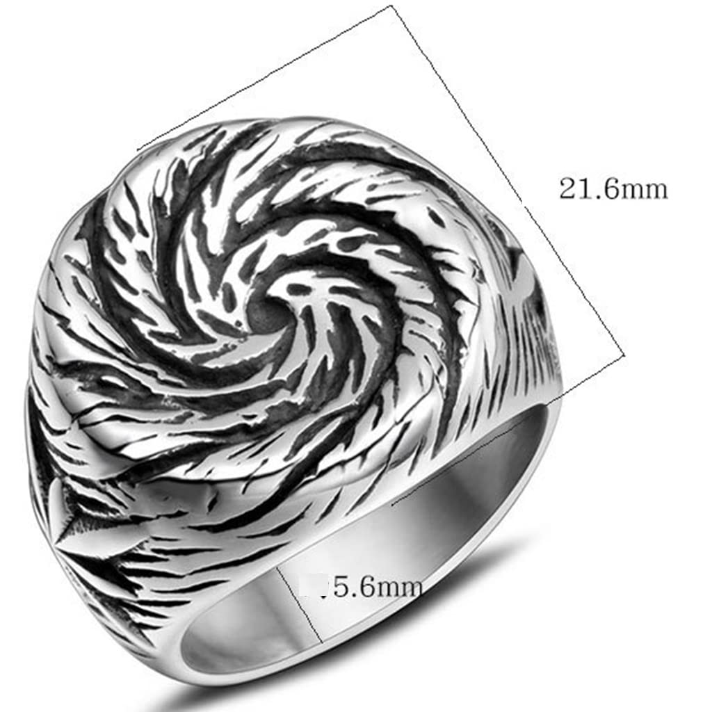 Retro Vintage Stainless Steel Round Signet Thunder Storm Spiral Vortex Wave Style Biker Party Ring (Grey, 9)