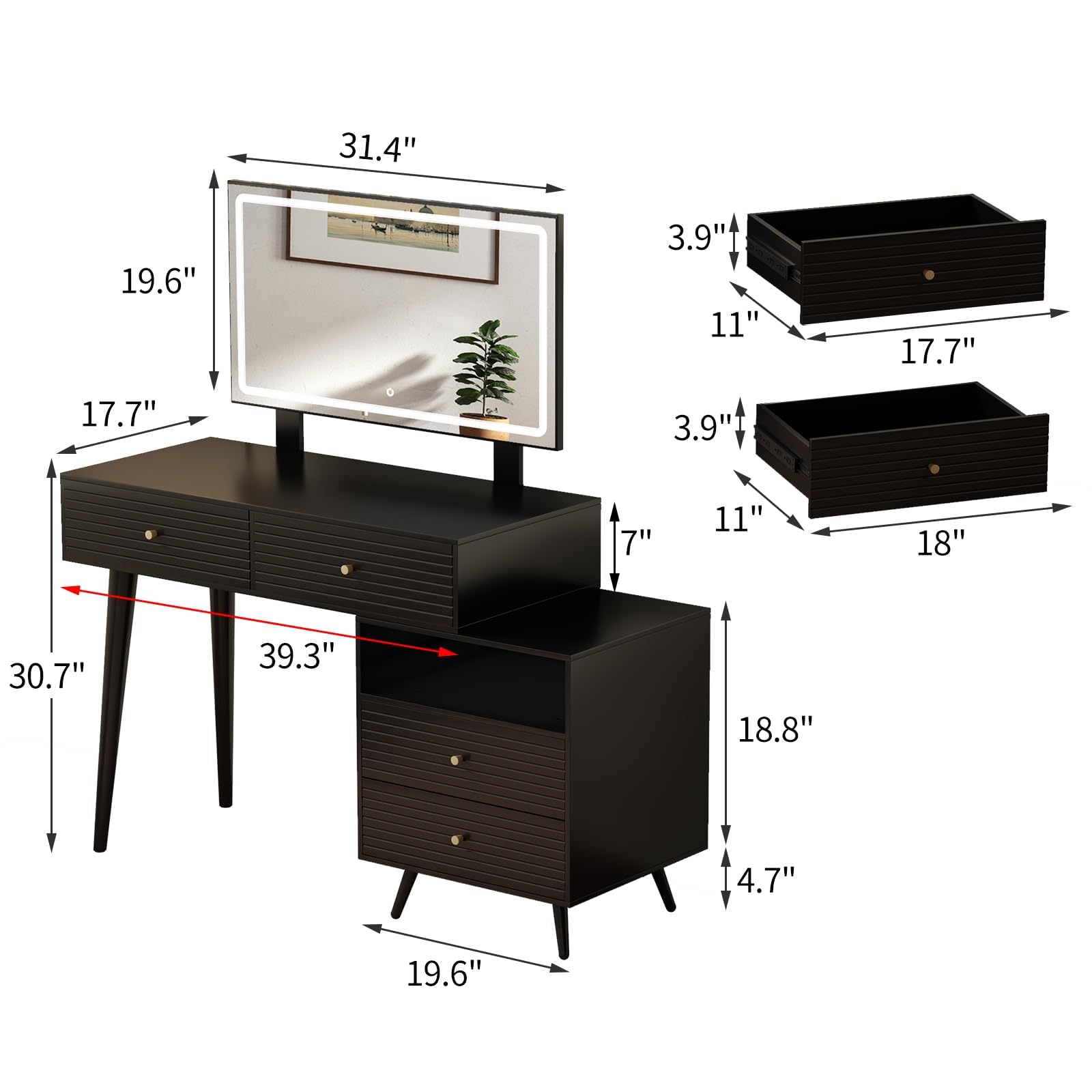 KEHUIBGAJ Makeup Vanity Desk with Drawers,Vanity Table ，Makeup Vanity， with 3-Color Touch Screen Lighted Mirror,Modern Makeup Dressing Table Bedroom Vanity Sets Storage Dresser
