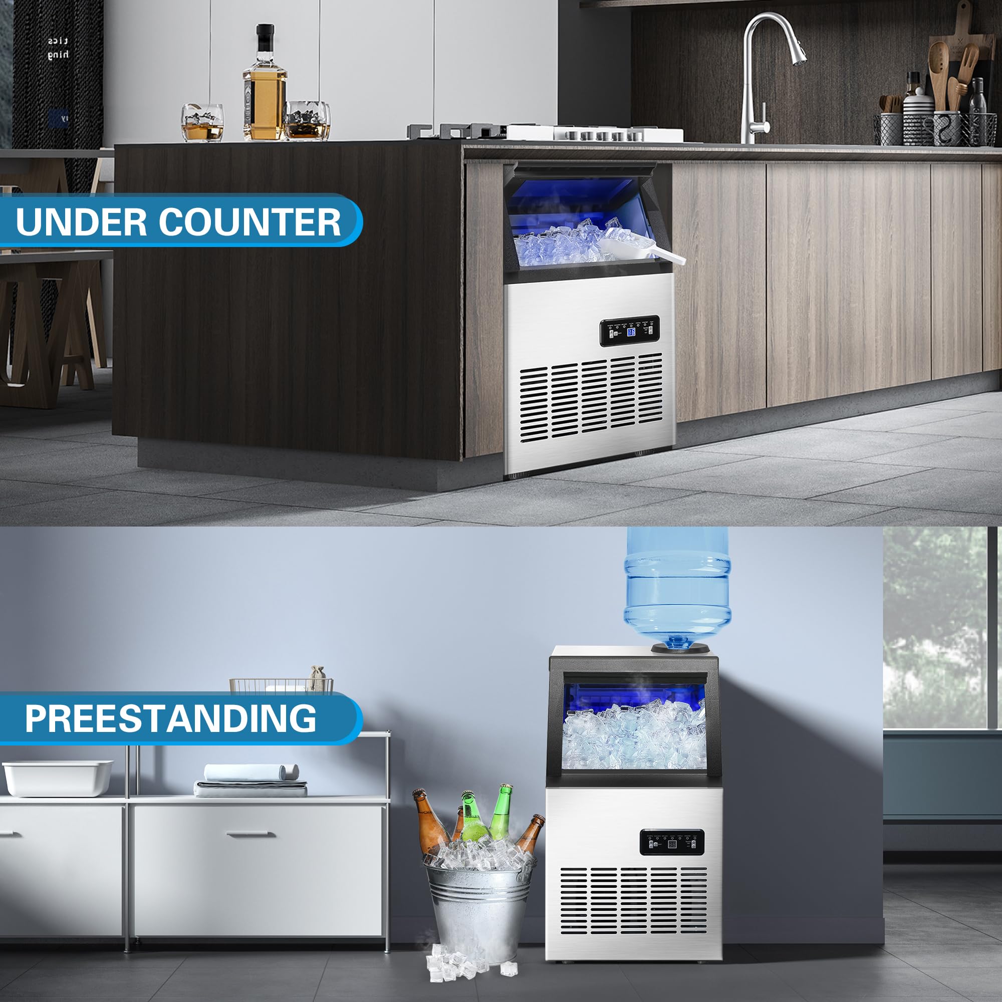 Zomagas Commercial Ice Maker Machine,110LBS/24H Ice Maker, Stainless Steel Freestanding Ice Machine with 28LBS Storage Capacity, Self-Cleaning, 2 Water Inlet Modes,Ideal for Restaurant,Home,Bar