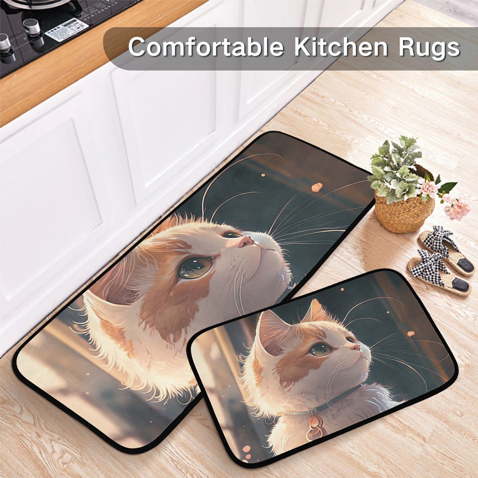 NFMILI (Anime Beautiful Cat) Kitchen Mat 2 PCS Cushioned Anti-Fatigue Kitchen Rug, Waterproof Non-Slip Floor Mats Thick Ergonomic Comfort Standing Mat for Kitchen Sink Laundry room bedroom living room