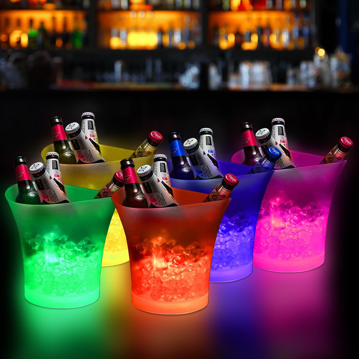 SMETA Ice Bucket Led for Champagne Beer Wine Color Changing Bottle Beer 5L Large Capacity Cooler with Led, Plastic Portable Ice Bucket with Light for Parties, Bar, Home, KTV Small Clear Buckets, 5PCS