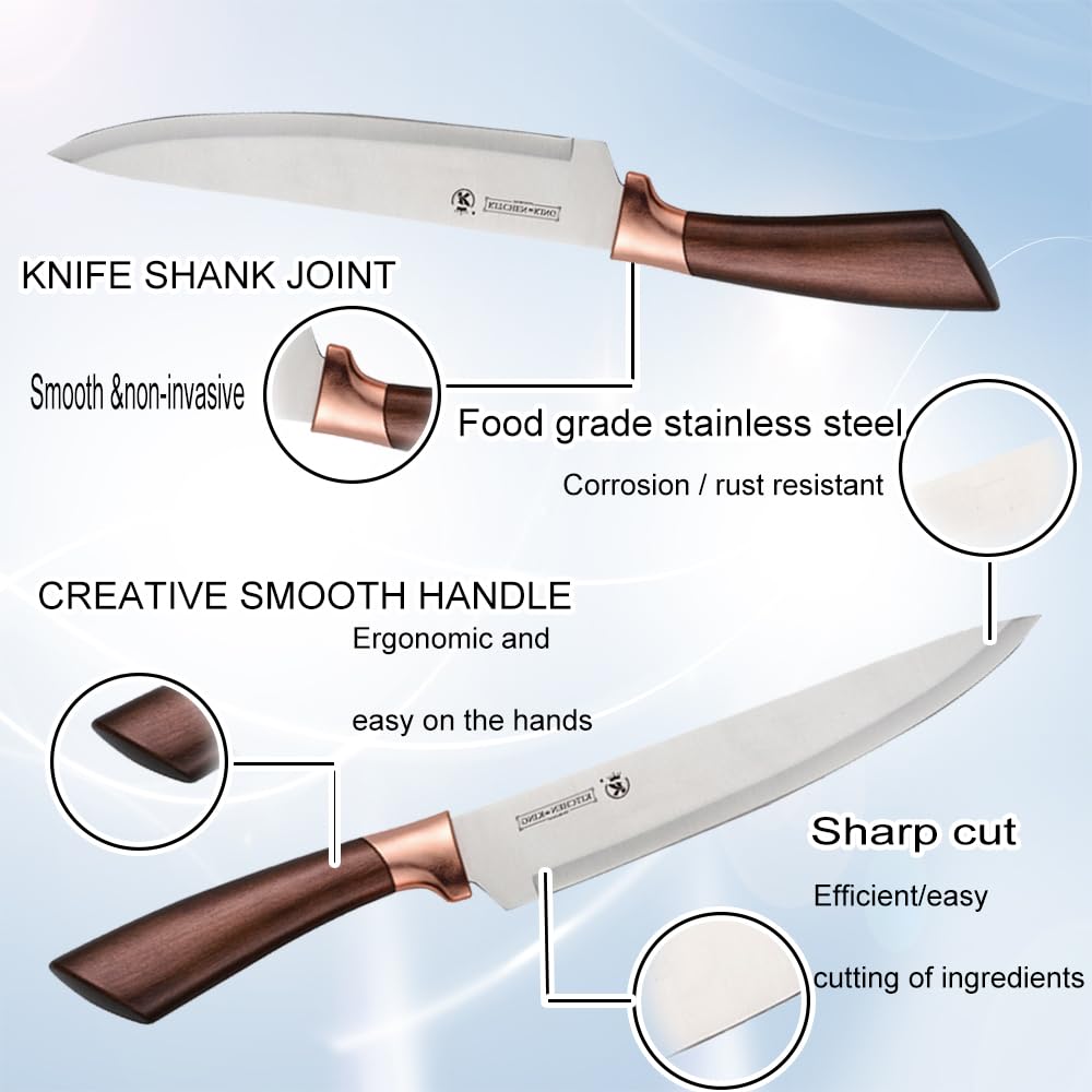 Knife Set with Block YF-TOW 6-Piece Kitchen Knife Sets Non-Stick Sharp Stainless Steel Kitchen Knives Comes with Freestanding Storage Block (Brown)