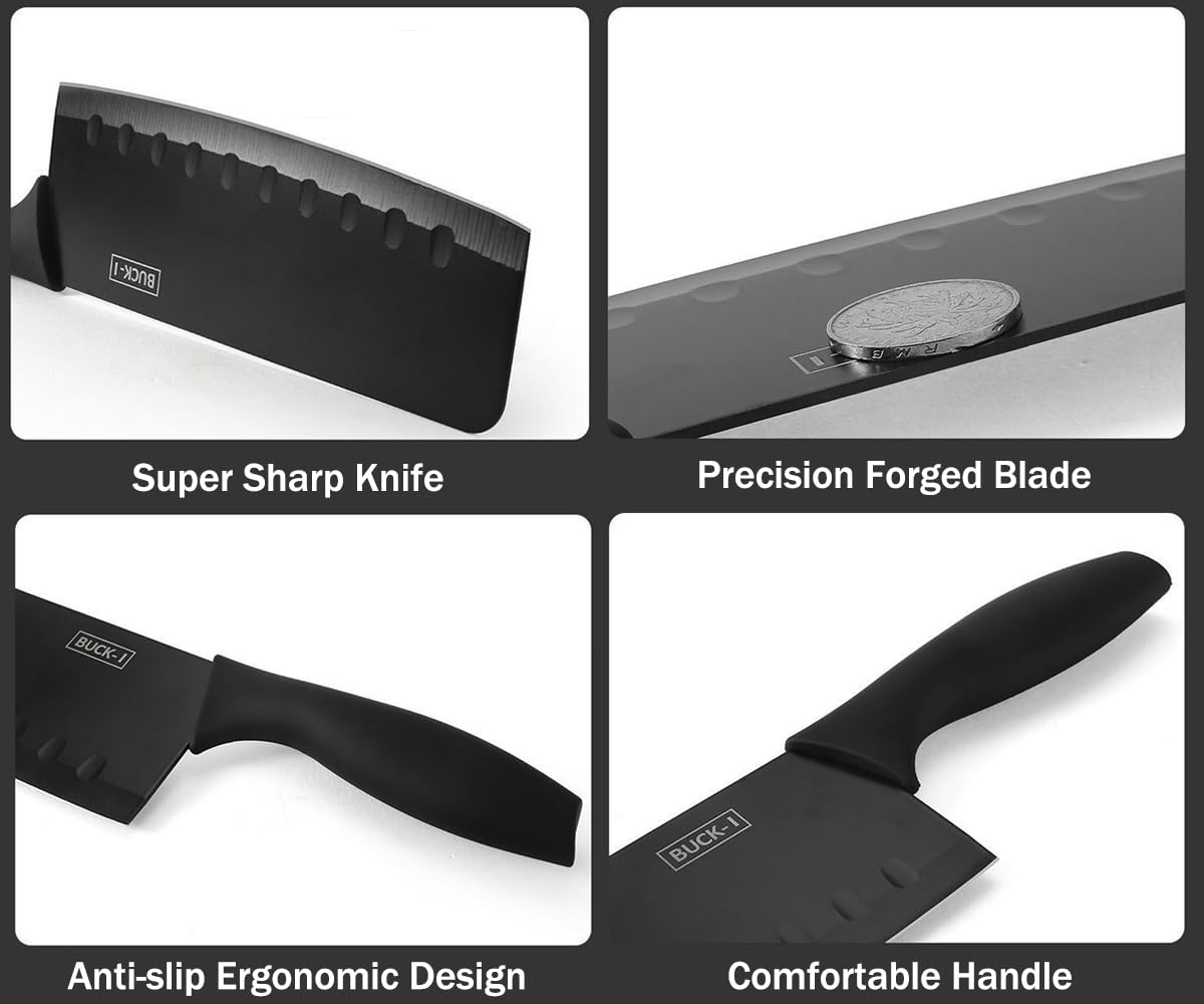 Knife Set, 10-Piece German Stainless Steel Kitchen Knife Block Set with Sheaths, Cutting Board and Knife Block, Super Sharp Knife Set with Block, Non-stick Cooking Knives Sets, Ergonomical Design