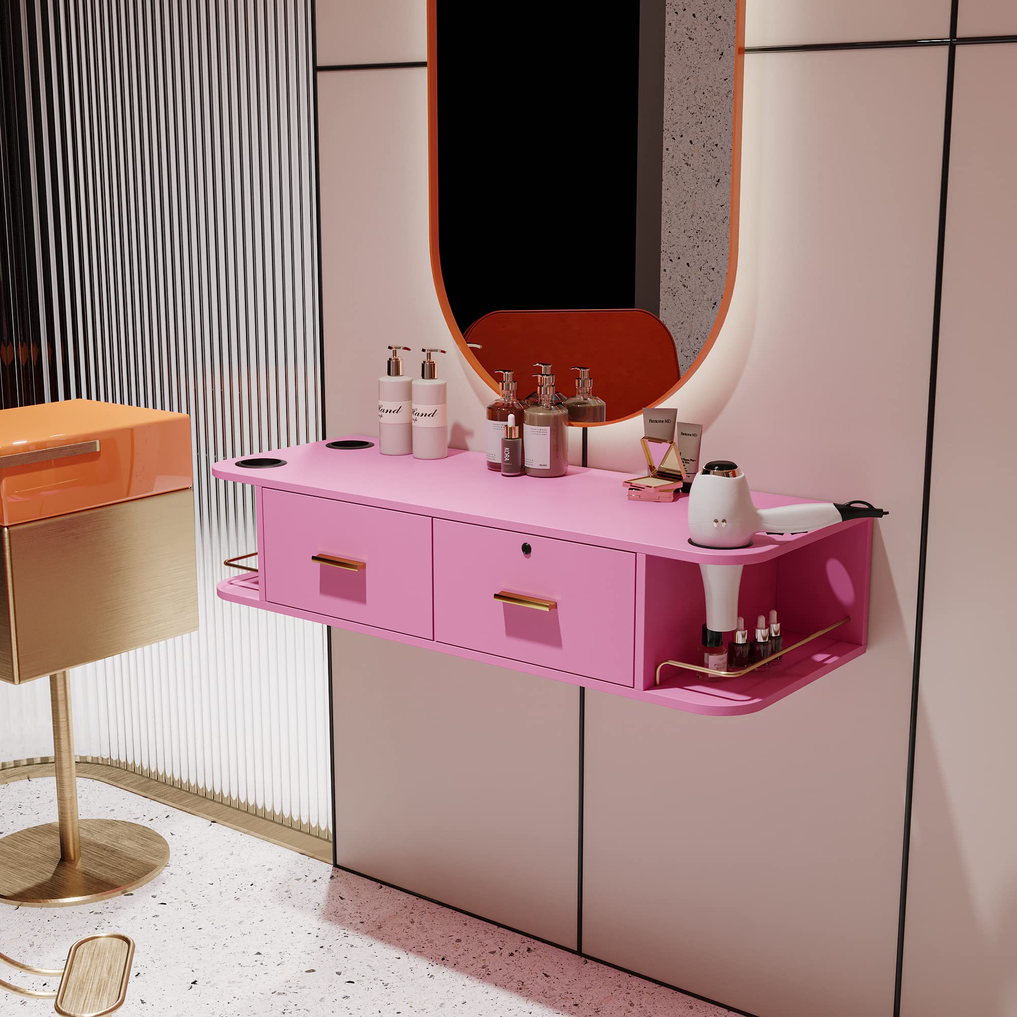 Wall Mount Makeup Vanity with Drawers,Dressing Table with Hair Dryer Holder and Side Cubbys, Barber Hair Stations for Salon Beauty Spa Equipments(Pink)