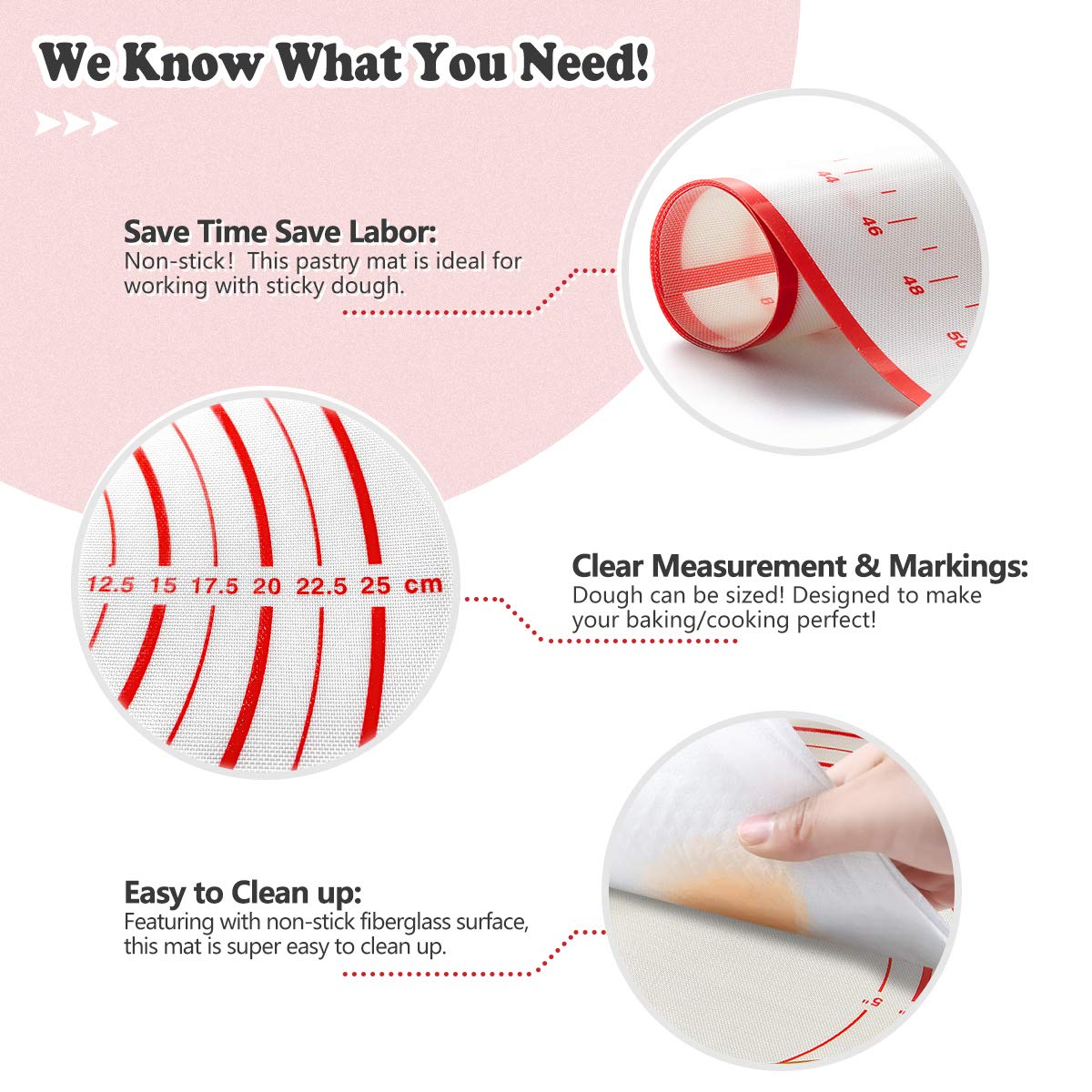 Pastry Mat for Rolling Dough, WeGuard 20“x16” Silicone Pastry Kneading Mat Board with Measurements Marking BPA Free Food Grade Non-stick Non-slip Rolling Dough Baking Mat