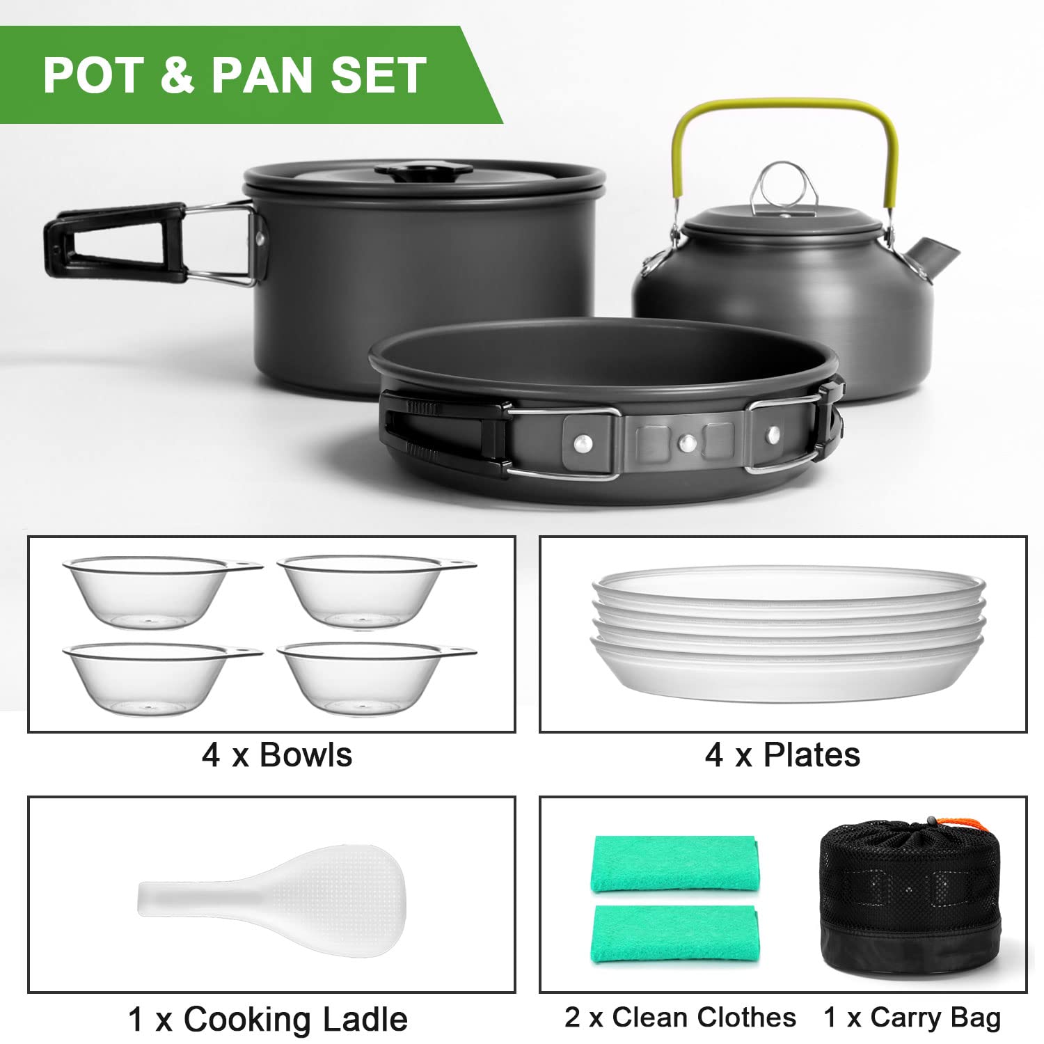 Odoland 15pcs Camping Cookware Mess Kit, Camping Cooking Set, Portable Nonstick Camp Pots and Pans Set with Kettle, Plates Bowls for Outdoor Camping, Picnic, Hiking, Backpacking